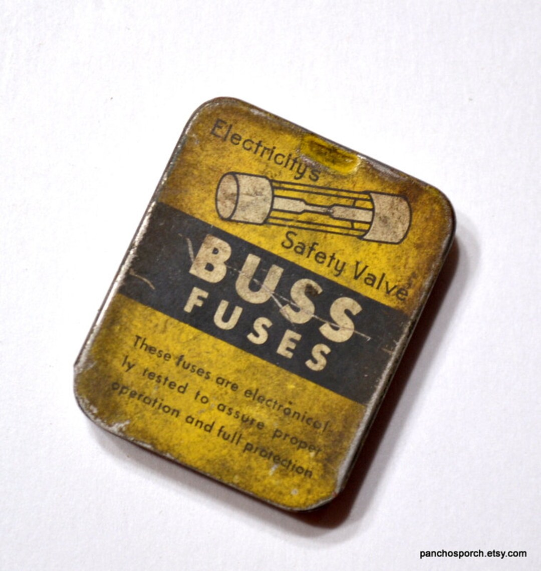 Vintage BUSS FUSES Metal Tin Yellow Black Advertising Electrical Fuses ...