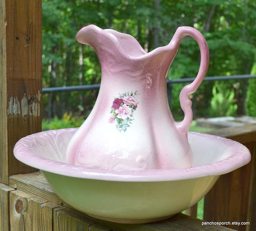 Vintage Pitcher and Bowl Set Pink Floral Wash Basin Victorian Style ...