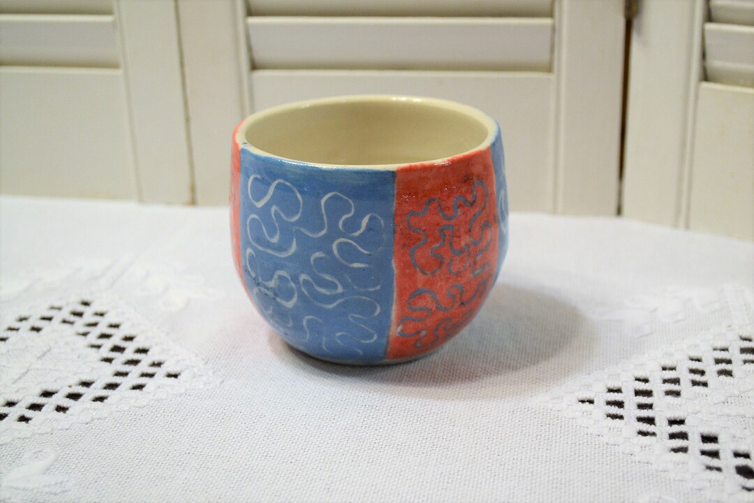 Vintage Handmade Pottery Bowl: Red Blue Squiggle Design, Signed Art ...