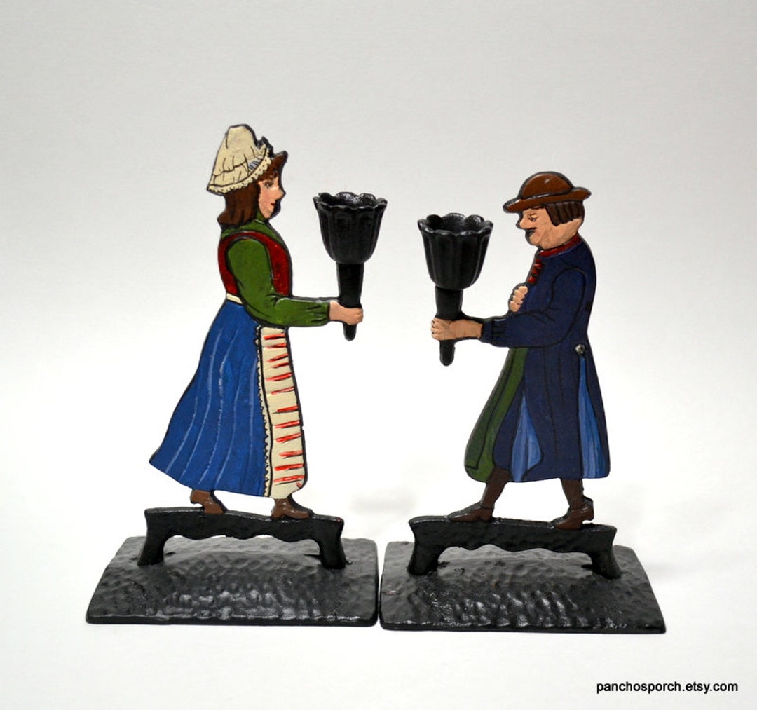 Vintage Cast Iron Quaker Couple Candlestick Holders Painted Metal Man ...