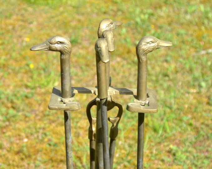Vintage BRASS Duck Fireplace Tool Set Farmhouse Hearth Decor Mallard ...