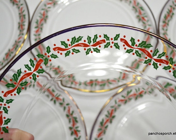 Vintage LIBBEY Holly Glass Dinner Plate Set of 6 Red Ribbon Green Holly ...