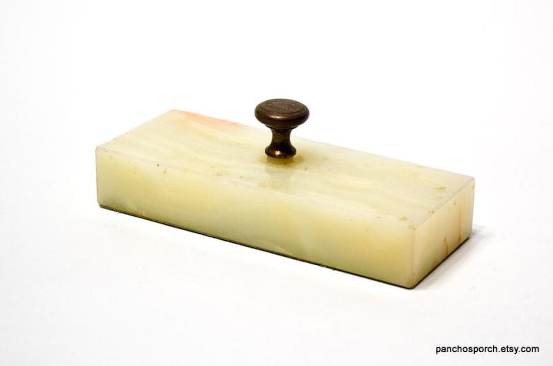 Vintage Onyx PAPERWEIGHT With Brass Knob Handle Stone Desk Accessory ...