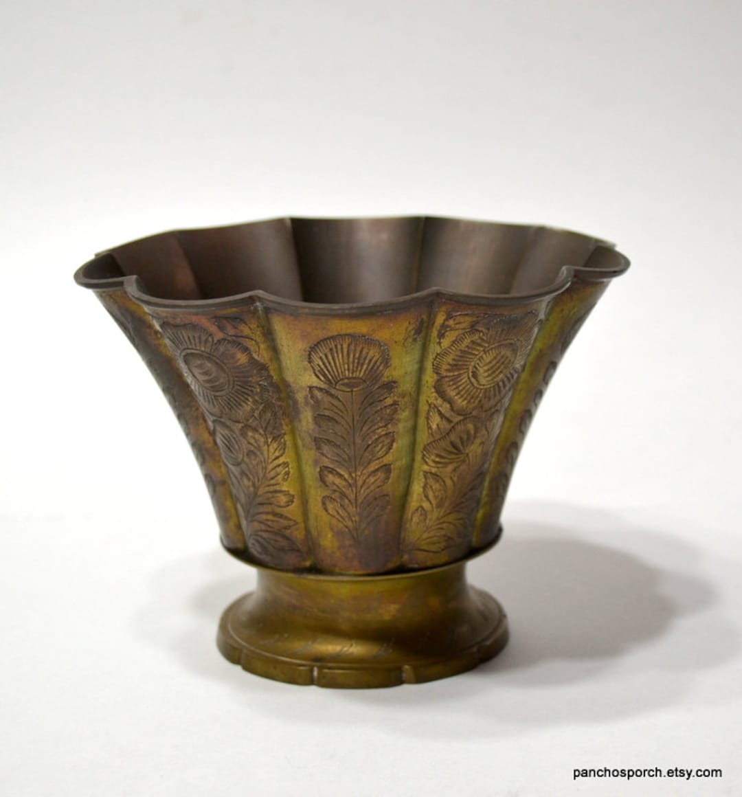 Vintage Etched BRASS Pot Planter Vase Scallop Ruffle Rim Footed Bowl ...