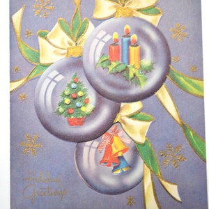 Vintage Christmas Card Round Balls Candles Ribbon Greeting Card No ...
