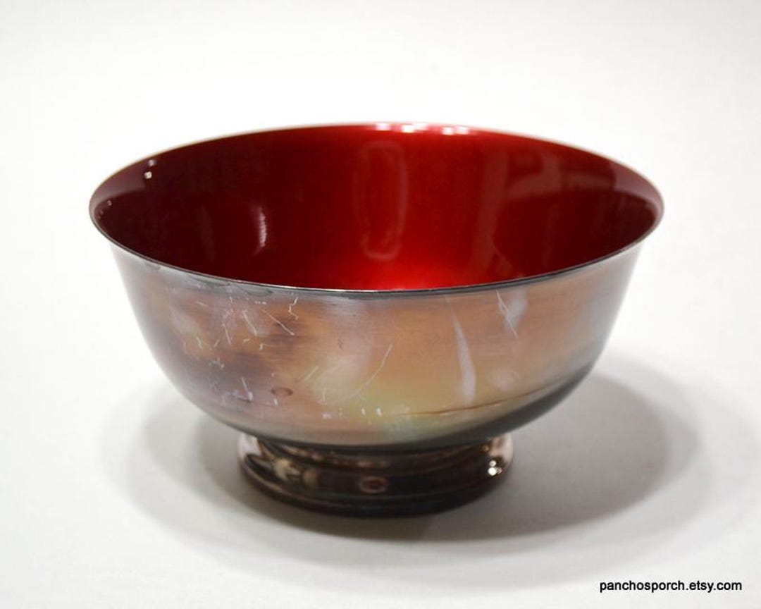 Vintage Silverplate Bowl Red Enamel Interior Tarnished Silver Plate Nut ...