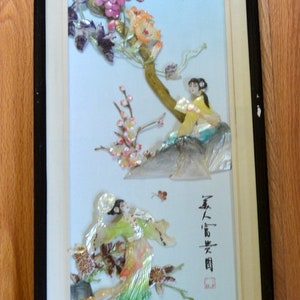 Vintage Asian Shell Art Geisha Framed Shadow Box Black Lacquer Frame ...