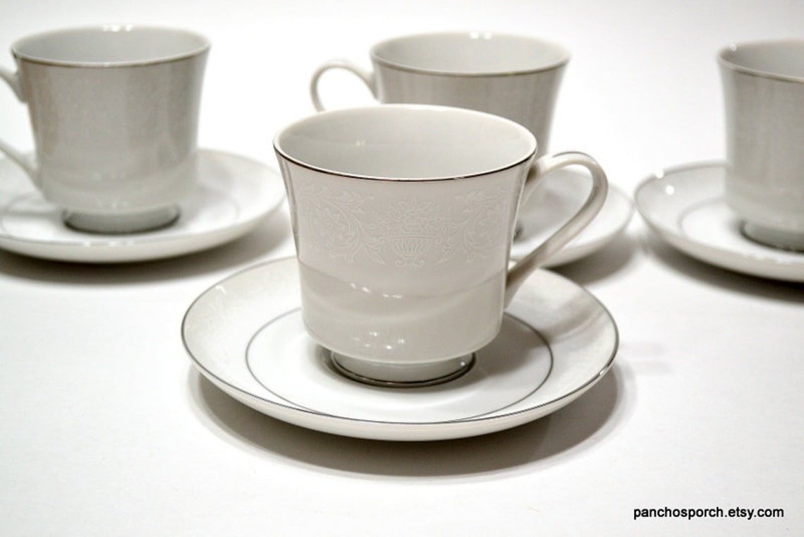 Vintage Crown Victoria Cup and Saucer Set: White Floral Platinum Rim ...