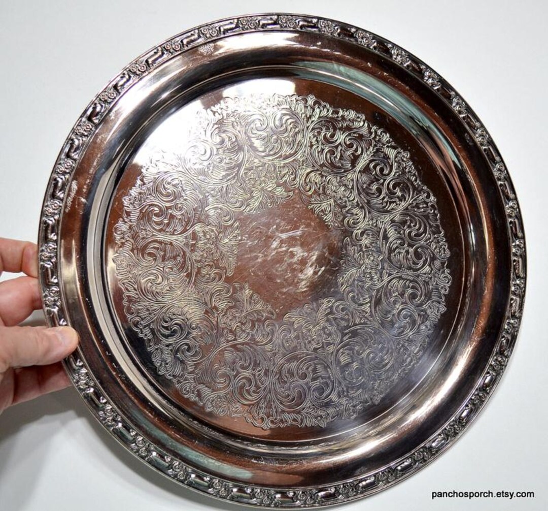 Vintage Silver Plated Tray Tarnished 12 Inch Round Serving Tray Floral ...