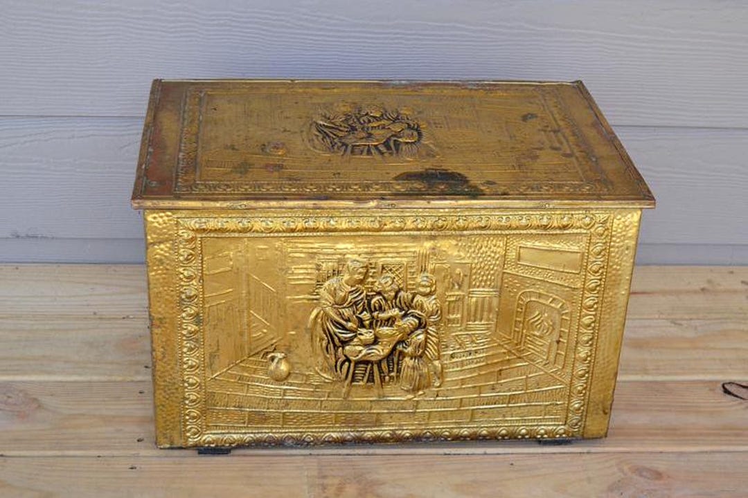 Vintage Brass Box Hinged Lid Tinder Fireplace Box Storage Chest ...