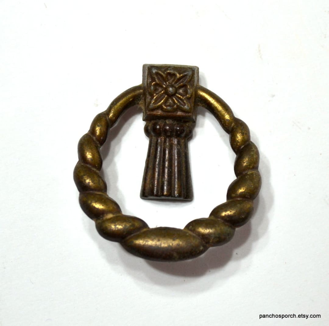 Vintage Metal Drawer Pull Ring Handle Antique Brass Finish Fixed Bail ...