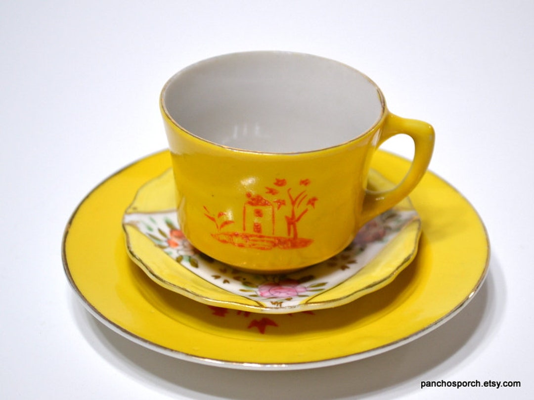 Vintage Miniature Yellow Teacup Trio Mismatched Patterns Floral House ...