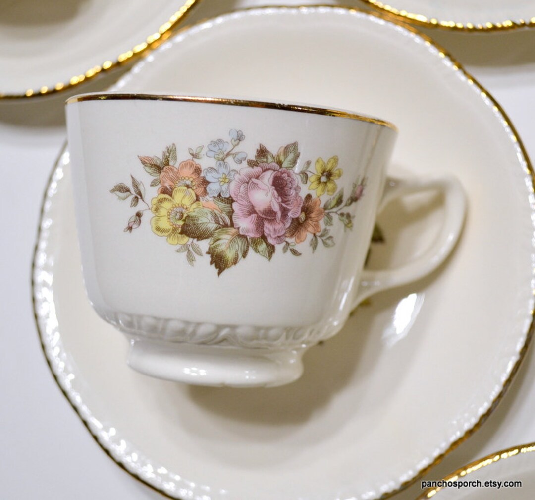 Vintage Stratford Cup and Saucer Set of 6 Floral Flowers 22k Gold Rim ...
