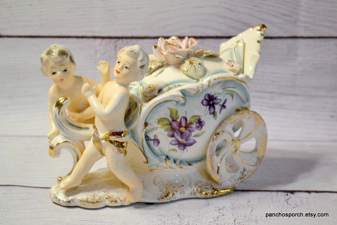 Vintage Cherub Candy Dish Carriage Cart Violets Flowers Ornate Details ...