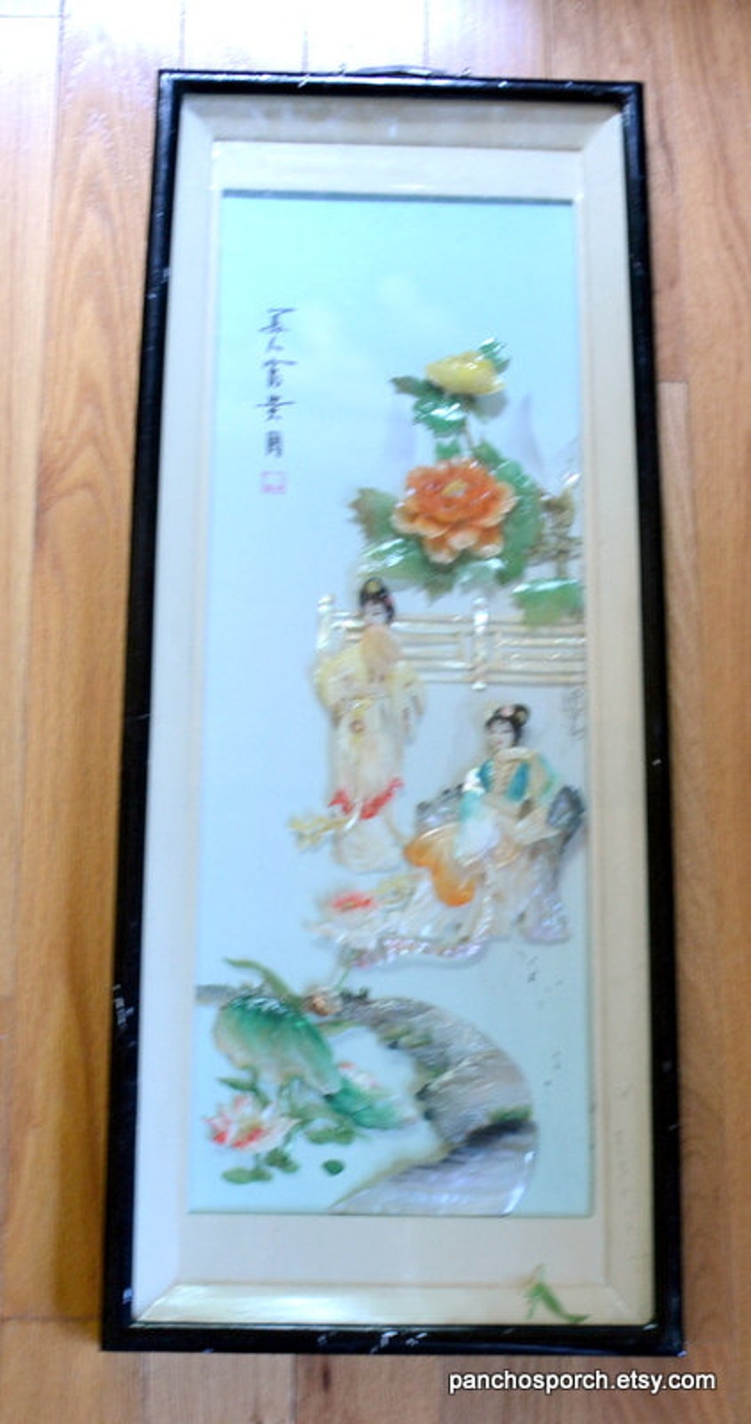 Vintage Asian Shell Art Geisha Framed Shadow Box Black Lacquer Frame ...