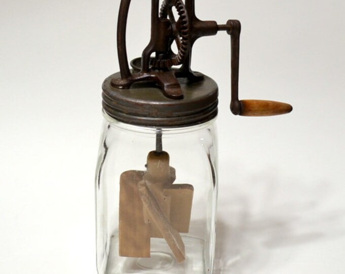 Vintage 2 Quart Glass Butter Churn Hand Crank Wooden Paddle Rustic ...
