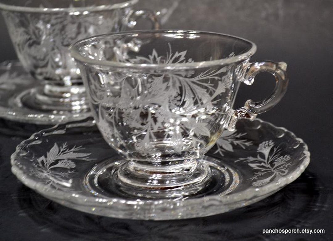 Vintage FOSTORIA Heather Cup and Saucer Set of 4 Floral Etched Glass ...