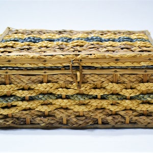 Vintage Woven Sewing Box With Hinged Lid Blue Satin Lining Wicker ...