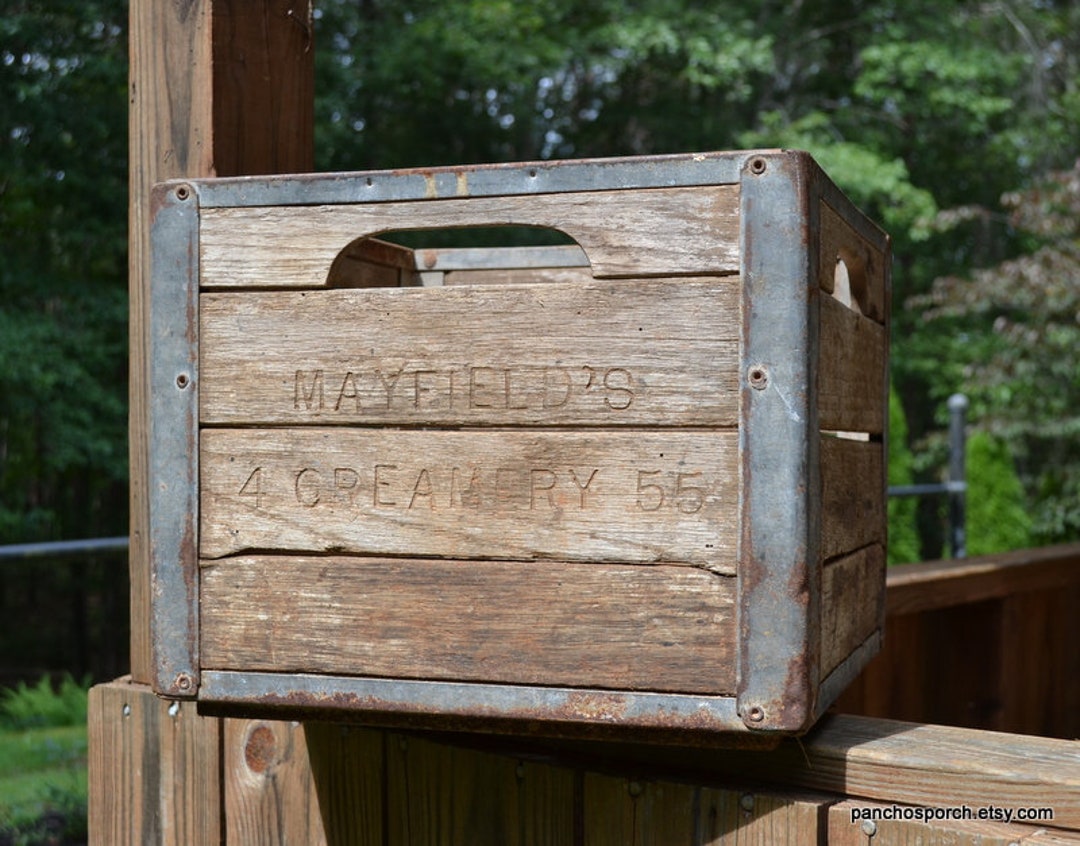 Vintage MAYFIELD CREAMERY Dairy Crate 1955 Wood Sides Metal Bottom ...