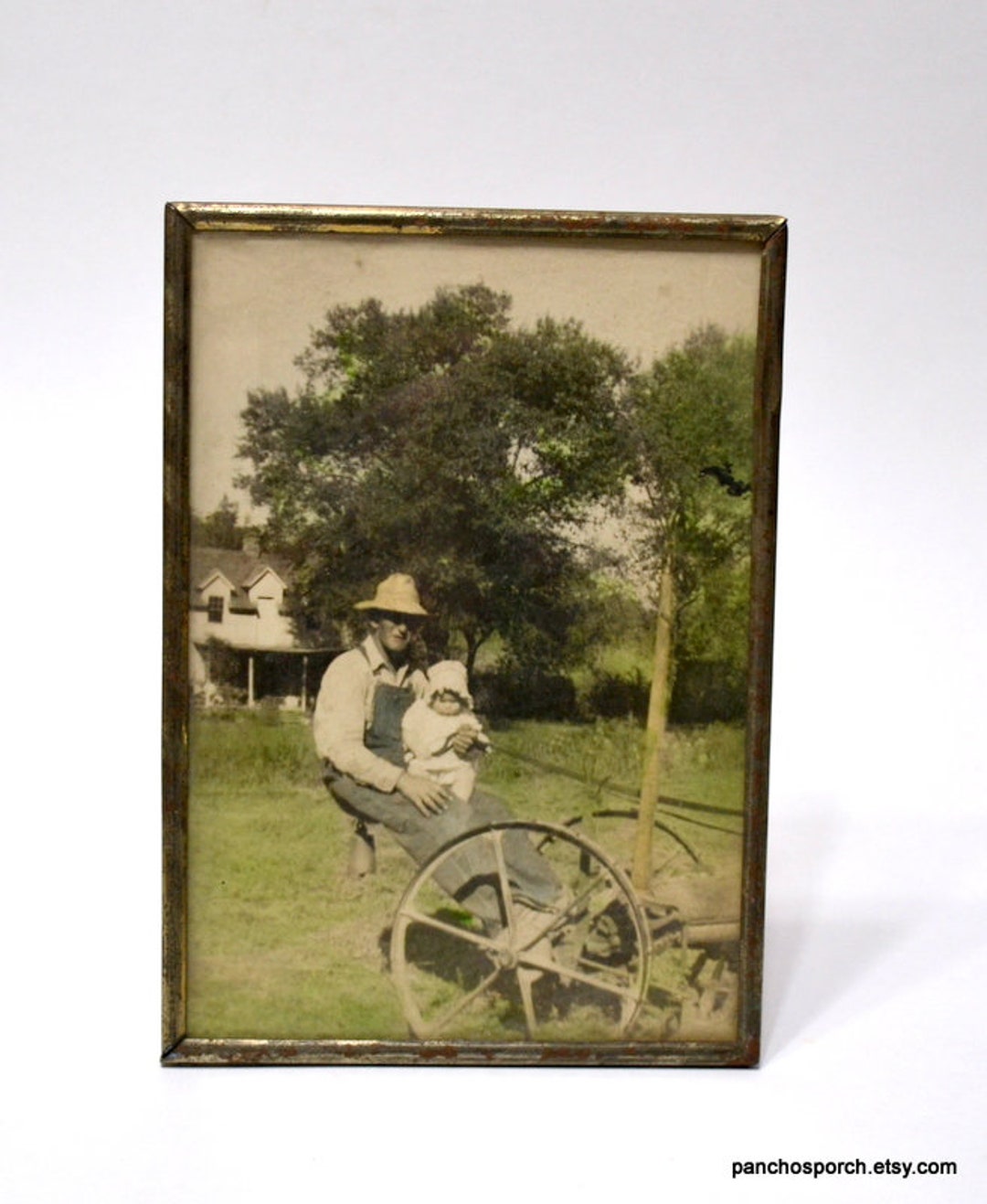 Vintage Framed Photograph: Farmer, Baby on Plow, Brass Tabletop Frame ...