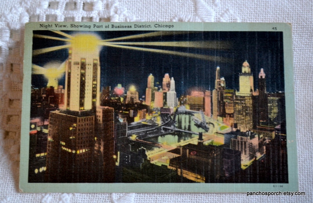 Vintage CHICAGO Post Card Business District View Night Illinois ...