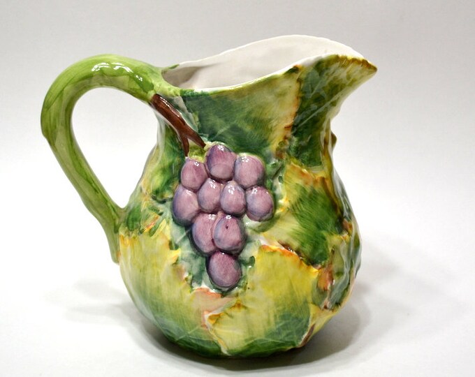Vintage Grape Pitcher Ceramic Majolica Style Drink Pitcher Purple Green ...