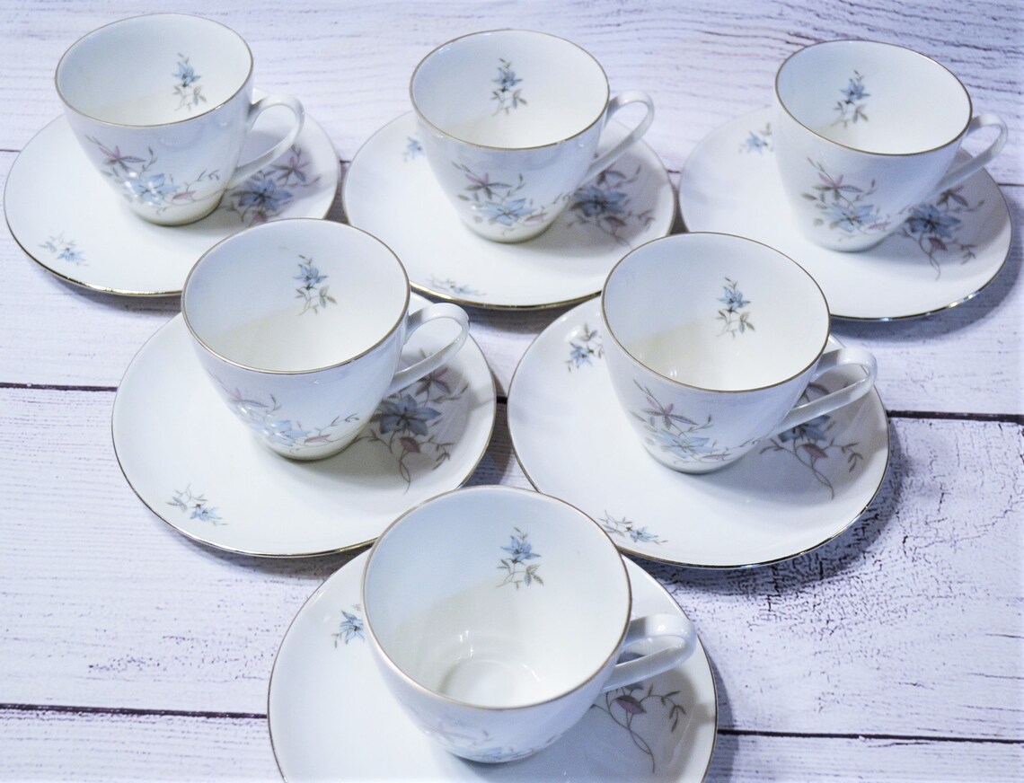 Vintage Blue Fantasy Tea Cup and Saucer Set of 6 Blue Floral - Etsy