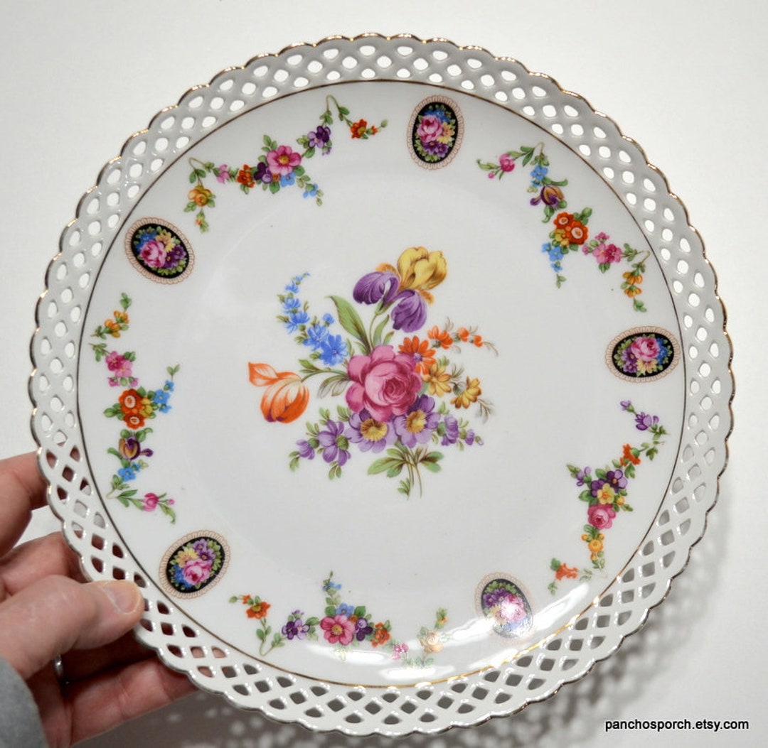 Vintage ELEANOR Round Plate Platter Reticulated Pierced Edge Floral ...