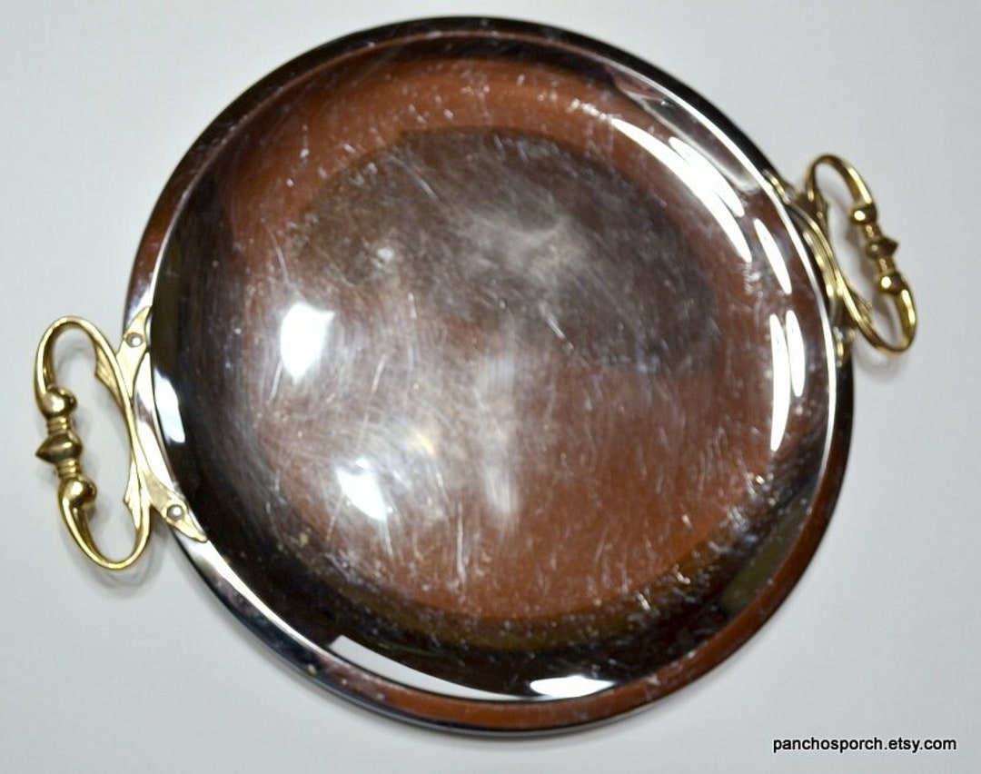 Vintage KROMEX Round Tray Gold Tone Handles Large Chrome Serving ...