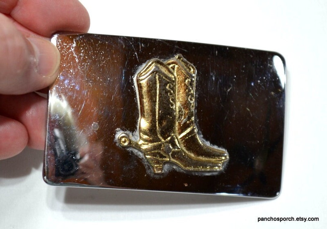 Vintage COWBOY BOOTS Belt Buckle Shiny Silver Gold Metal Country ...