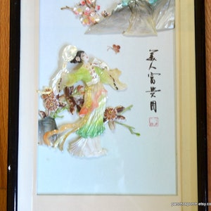Vintage Asian Shell Art Geisha Framed Shadow Box Black Lacquer Frame ...