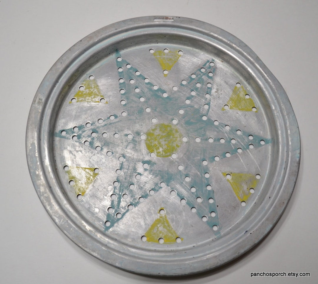 Vintage Metal STAR Tray Perforated Round Metal Tin Hand Painted Star ...