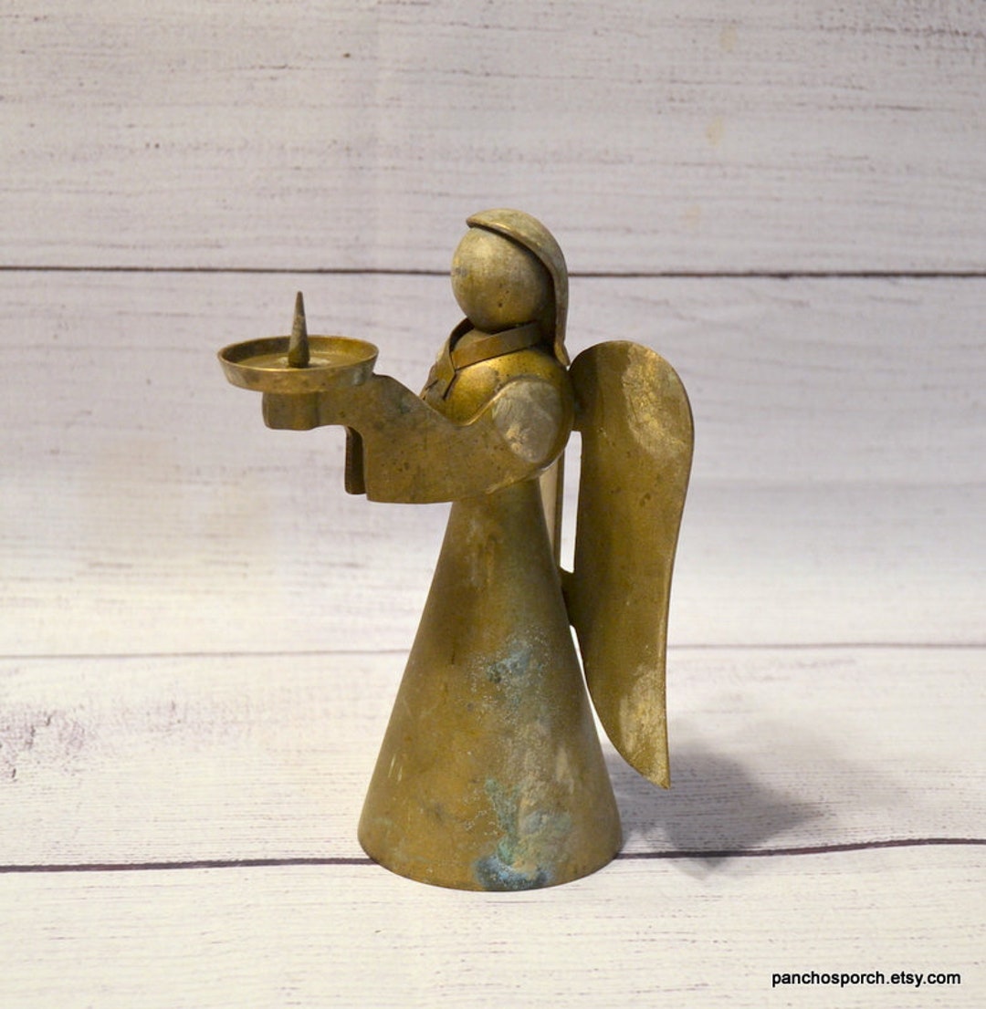 Vintage Brass Angel Candleholder Weathered Patina Winged Angel ...