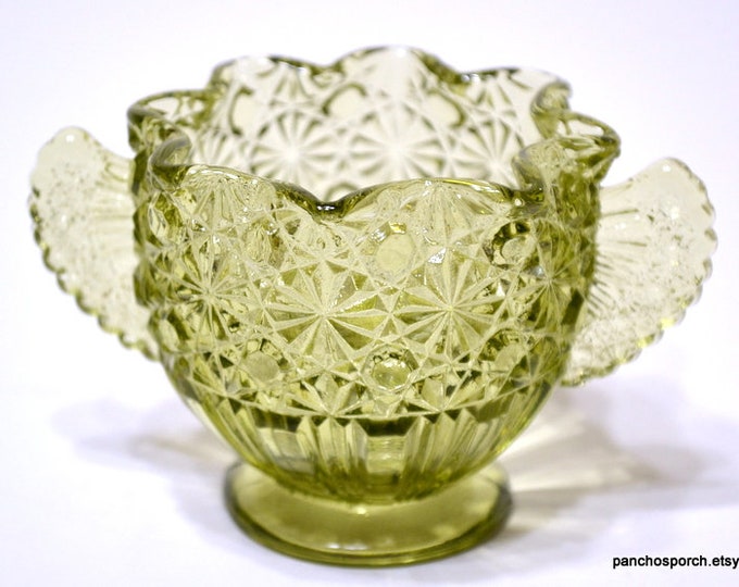 Vintage Daisy Button Open Sugar Bowl Colonial Green Glass Ruffle Rim ...