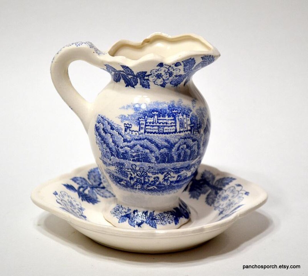 Vintage Small Pitcher and Bowl Set Blue and White Ceramic Castle Scene ...