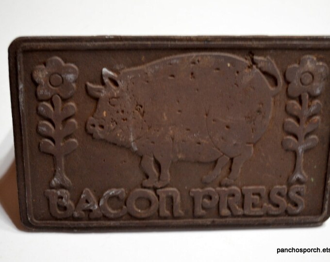 Vintage BACON PRESS Cast Iron Wooden Handle Pig Hog Bacon Cooking Tool ...