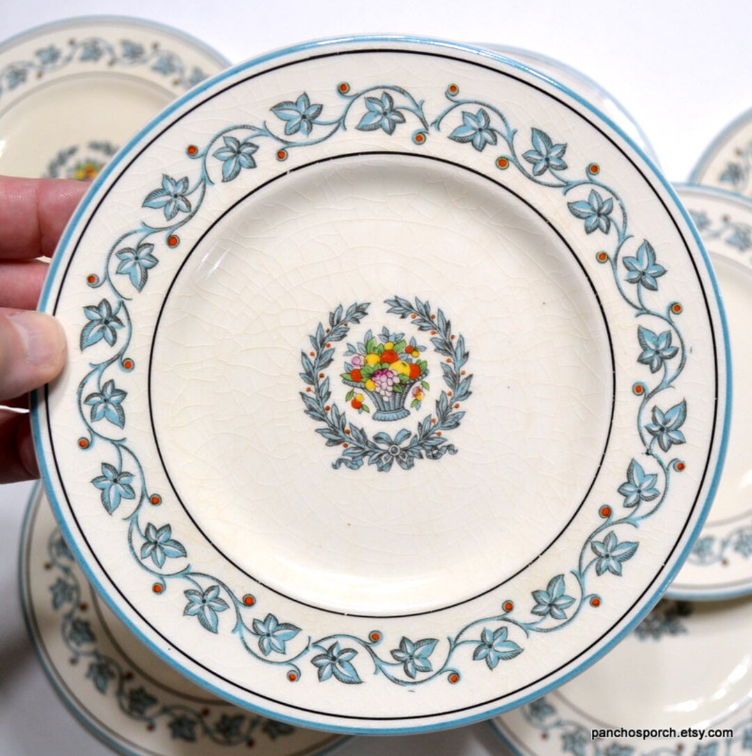 Vintage MYOTT ELEGANCE Bread Plate Set of 7 Aqua Blue Leaf Berry Fruit ...