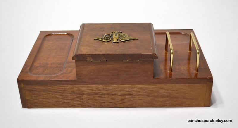 Vintage Wooden Valet Box: Brown Wood Dresser Organizer With Brass Eagle ...
