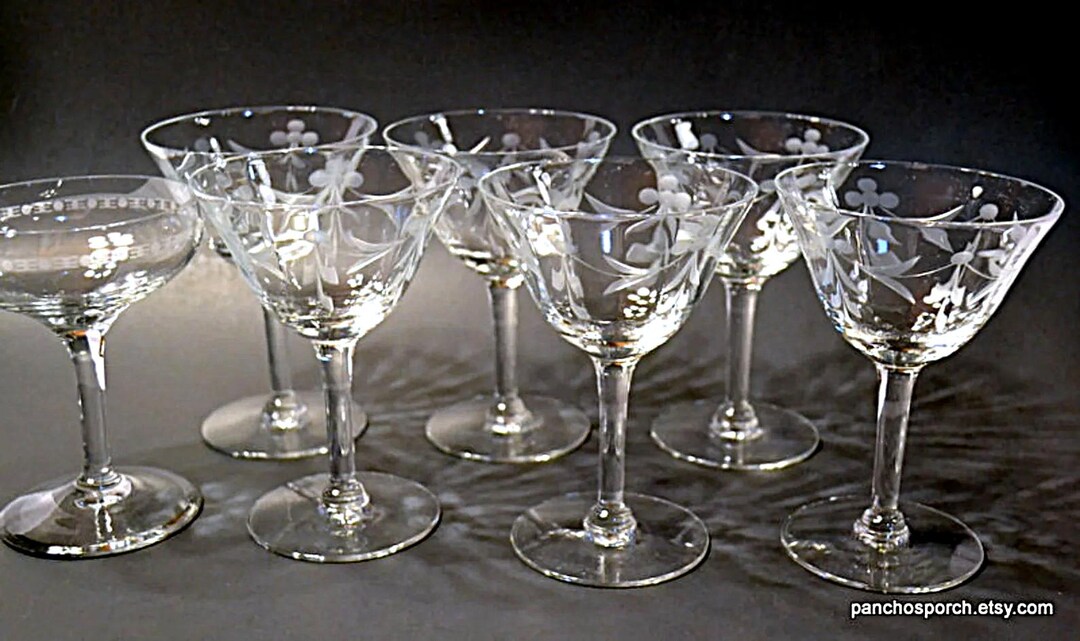 Vintage CHIPPED Etched Glass Set of 7 Floral Pattern Candle Holders ...
