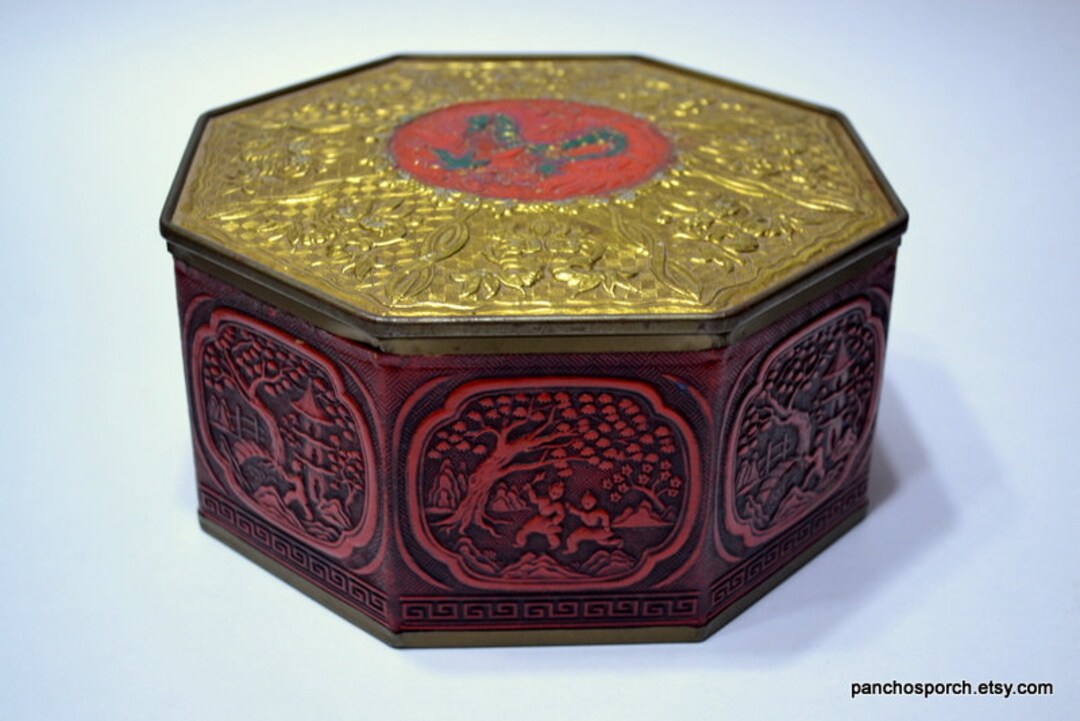 Vintage GUILDCRAFT Decorative Tin Box Asian Design Dragon Cinnabar ...
