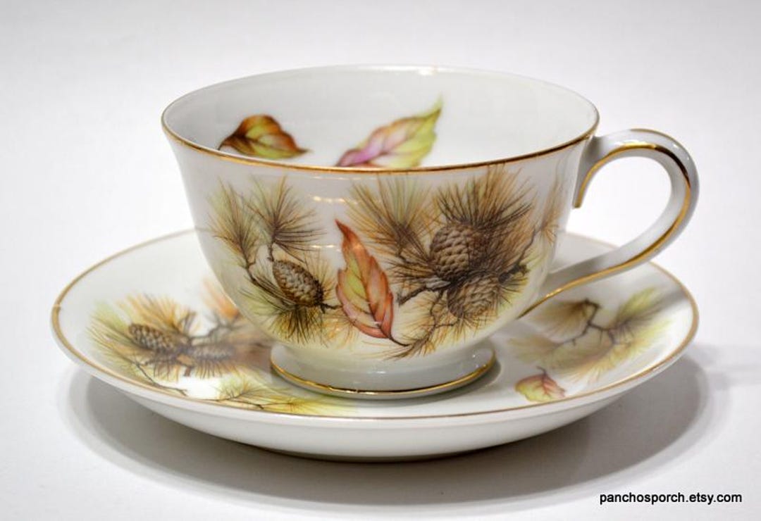 Vintage KYOTO PINES Cup and Saucer Pine Needles Pine Cones Winter Fall ...