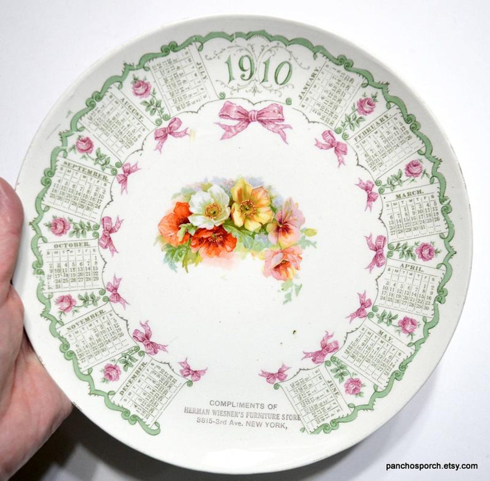 Vintage 1910 Calendar Plate Floral Advertising Herman Weisner Furniture ...