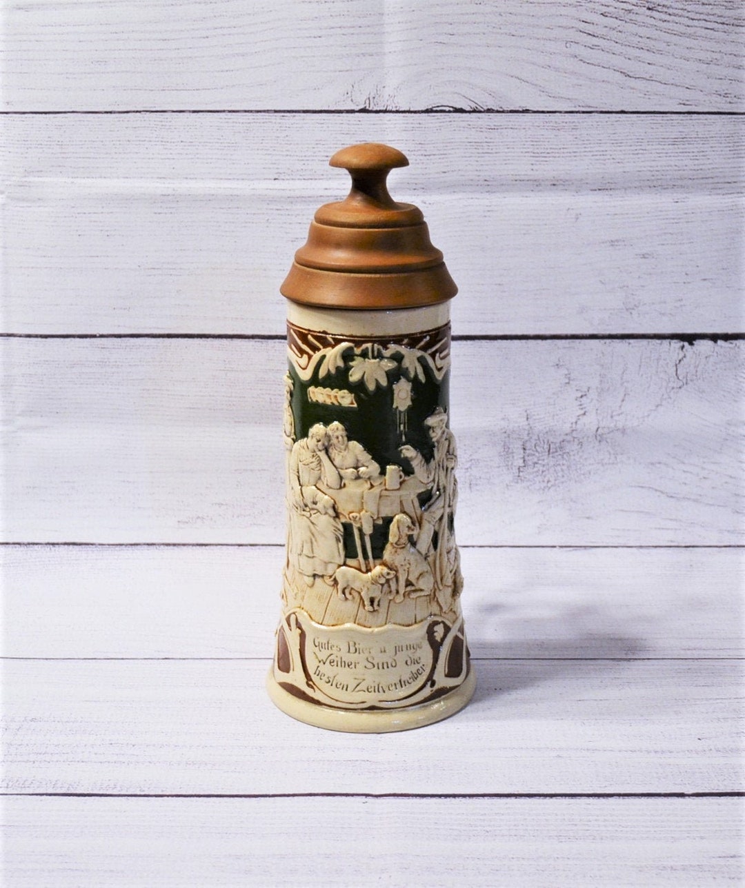 Vintage German Beer Stein 12 Inch Tall Wooden Lid Pub Scene Collectible ...