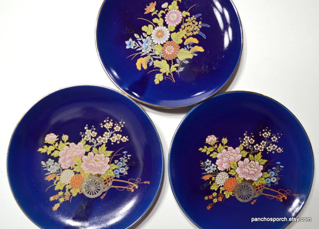 Vintage Japanese Cobalt Blue Plate Set of 3 Floral Wheelbarrow Gold ...