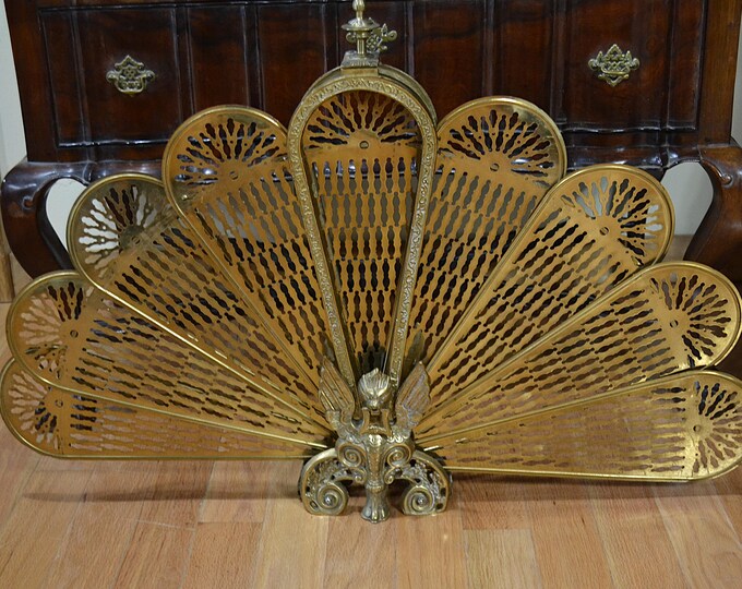 Vintage Griffin Brass Peacock Fireplace Screen, Folding Fan Guard ...