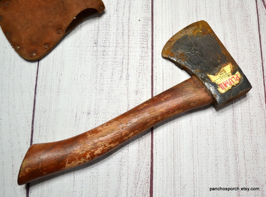 Vintage PLUMB Axe Worn Rusty Hand Tool Wooden Handle Leather Sheath ...