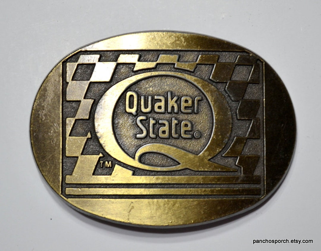 Vintage QUAKER STATE Belt Buckle Brass Oval Checkered Flag Advertising Motor Oil Petroliana ...