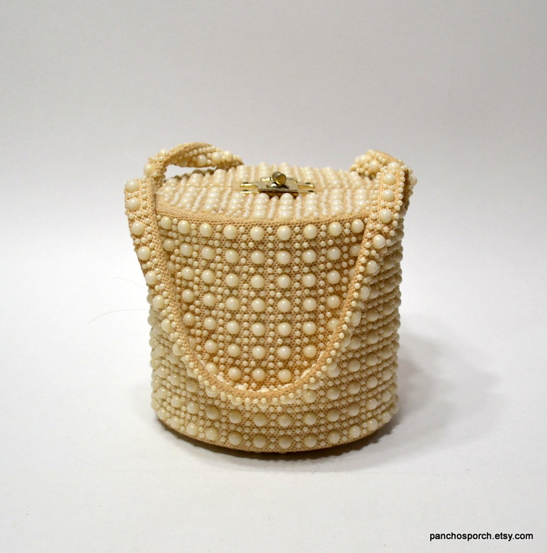 Vintage Beaded Box Purse Creamy White Plastic Round Handbag Top Handles Metal Closure Fully ...