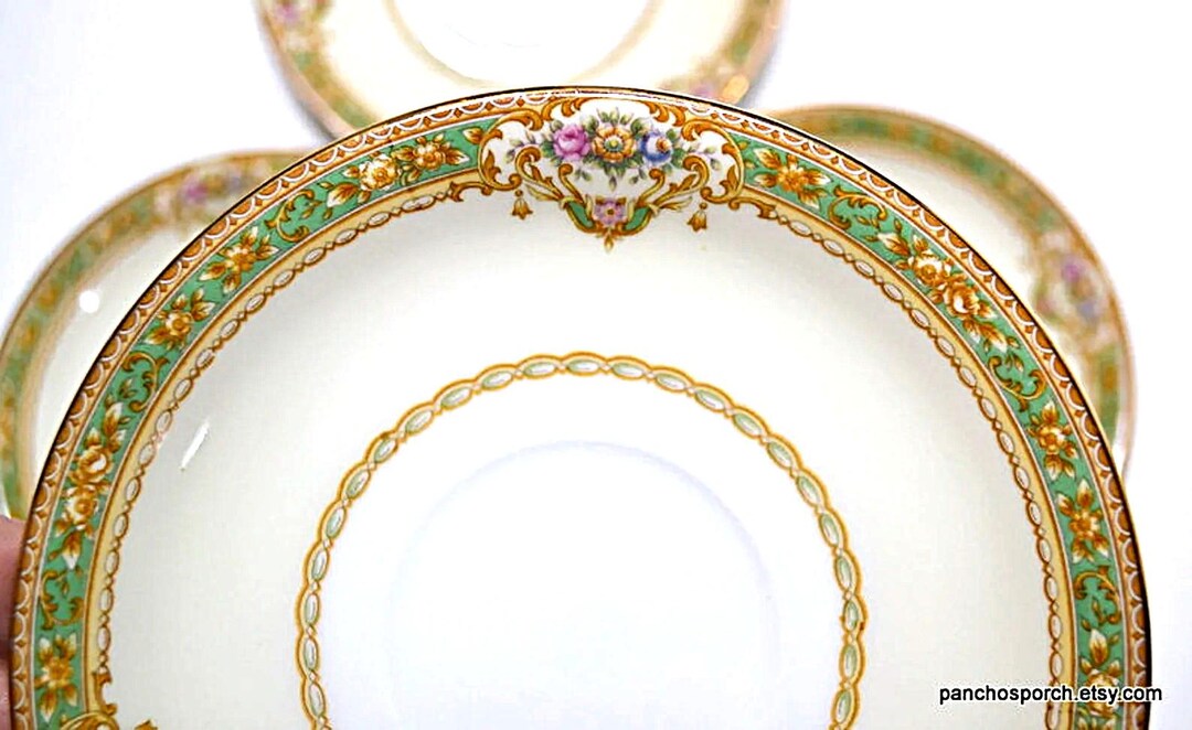 Vintage MEITO Floral Saucer Set of 4 Green Tan Gold Pattern Antique ...