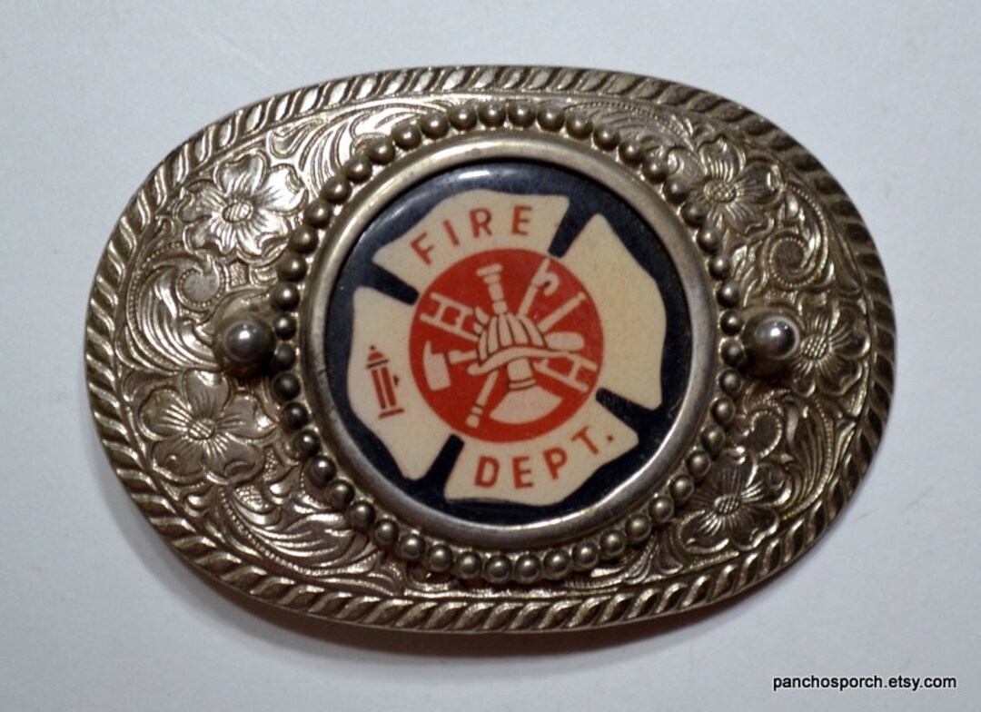Vintage Fire Department Belt Buckle Silver Metal Floral Rope Edge ...